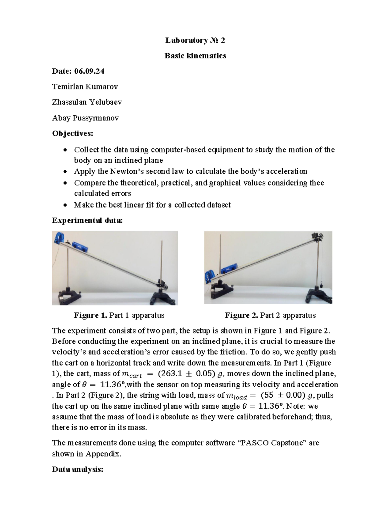 Phys Lab 2 Temirlan, Zhassulan, Abay - Laboratory No 2 Basic kinematics ...
