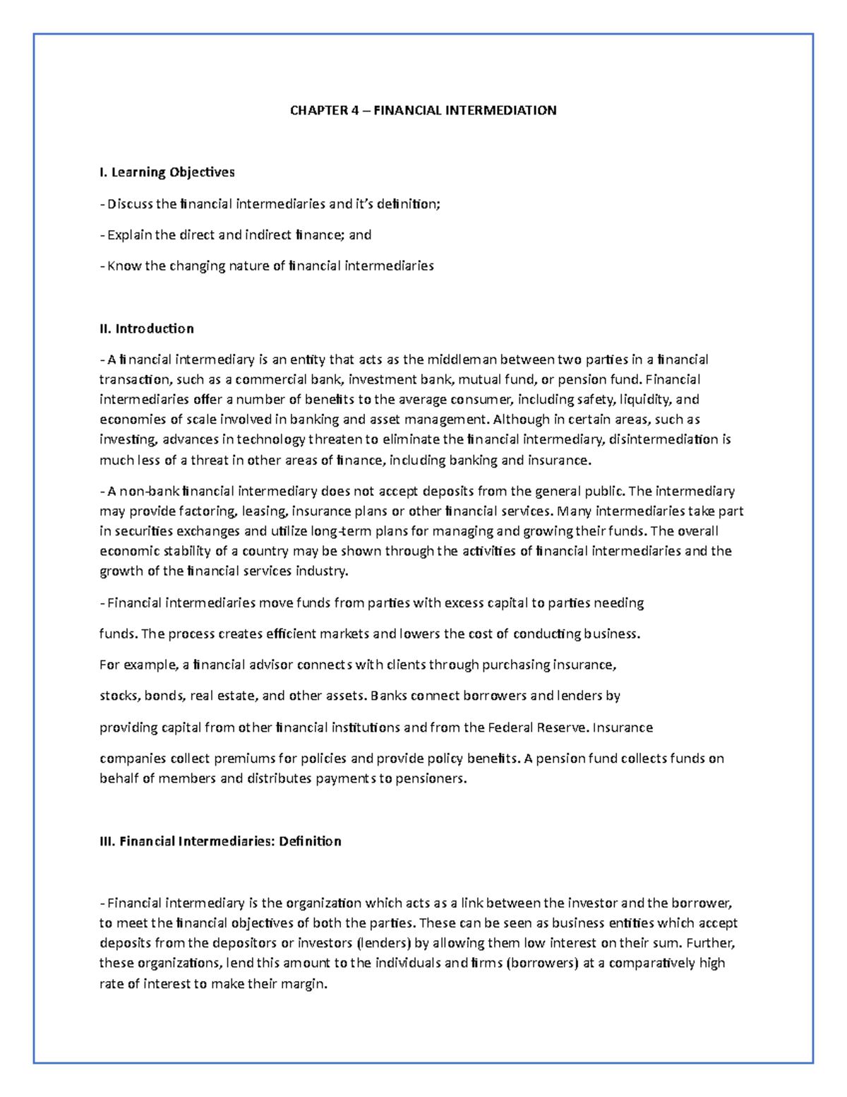 Chapter 4 Financial Intermediation - CHAPTER 4 – FINANCIAL ...
