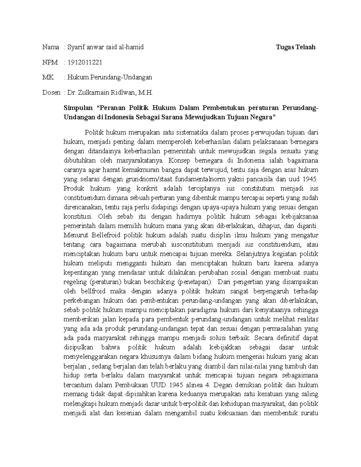 Hukum Perundang-Undangan - Nama : Syarif anwar said al-hamid Tugas ...