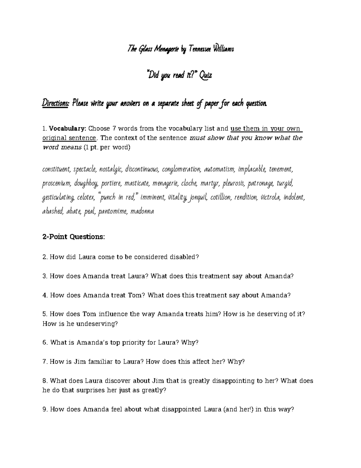 Did you read it -The Glass Menagerie Quiz - The Glass Menagerie by ...