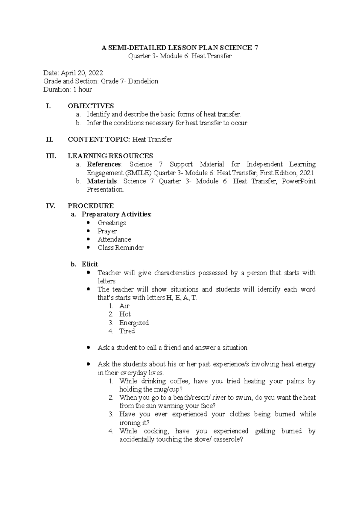 Semi Detailed Lesson Plan Grade 7 Heat Transfer A SEMI DETAILED