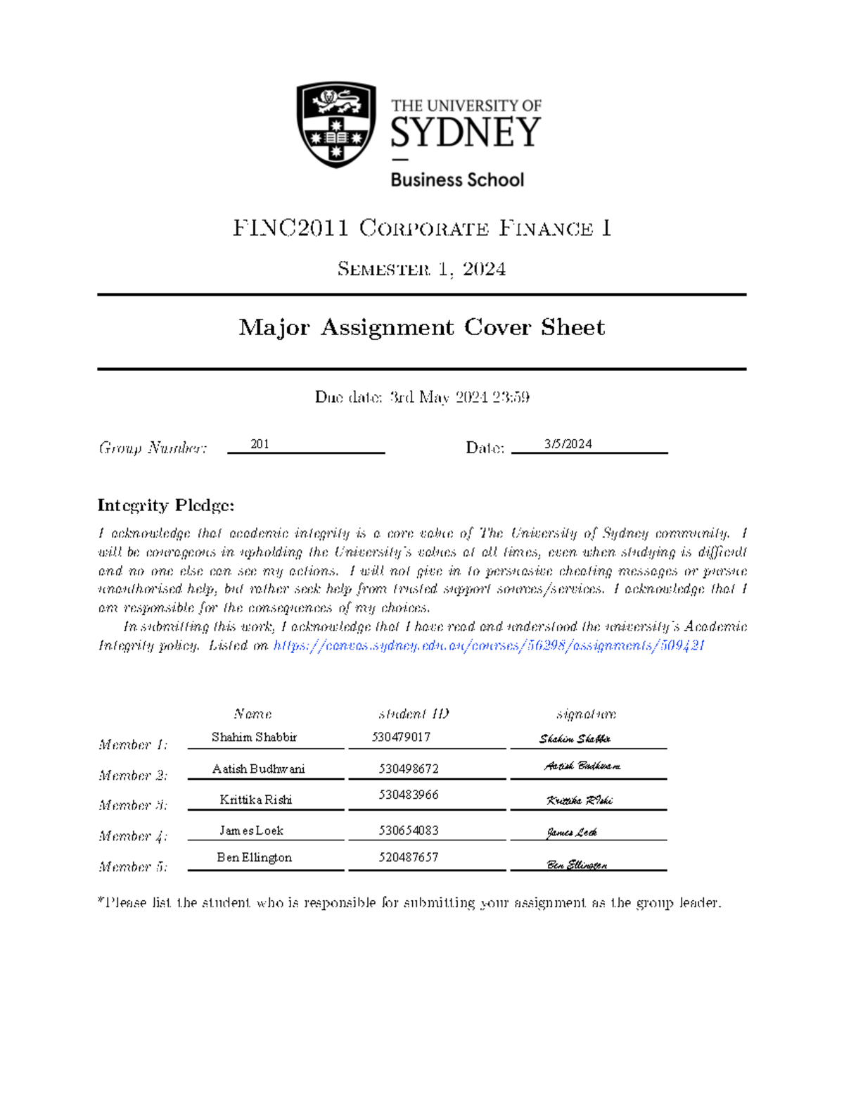 FINC2011 Coversheet - FINC 2011 Corporate Finance I Semester 1 , 2024 ...