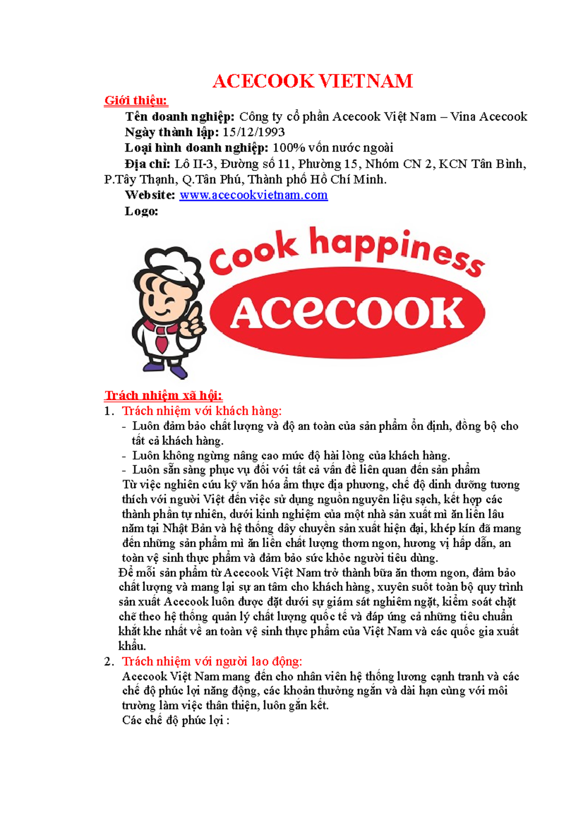 Acecook Vietnam - quan tri hoc - ACECOOK VIETNAM Giới thiệu: Tên doanh ...