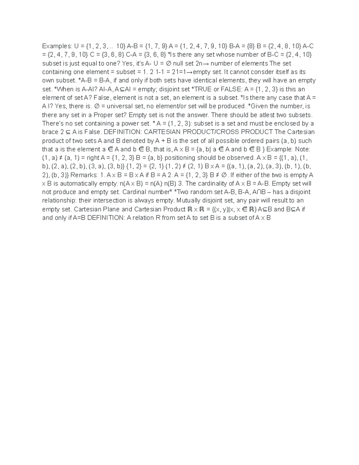 Gec 20 - lectures - Examples: U = {1, 2, 3,... 10} A-B = {1, 7, 9} A ...