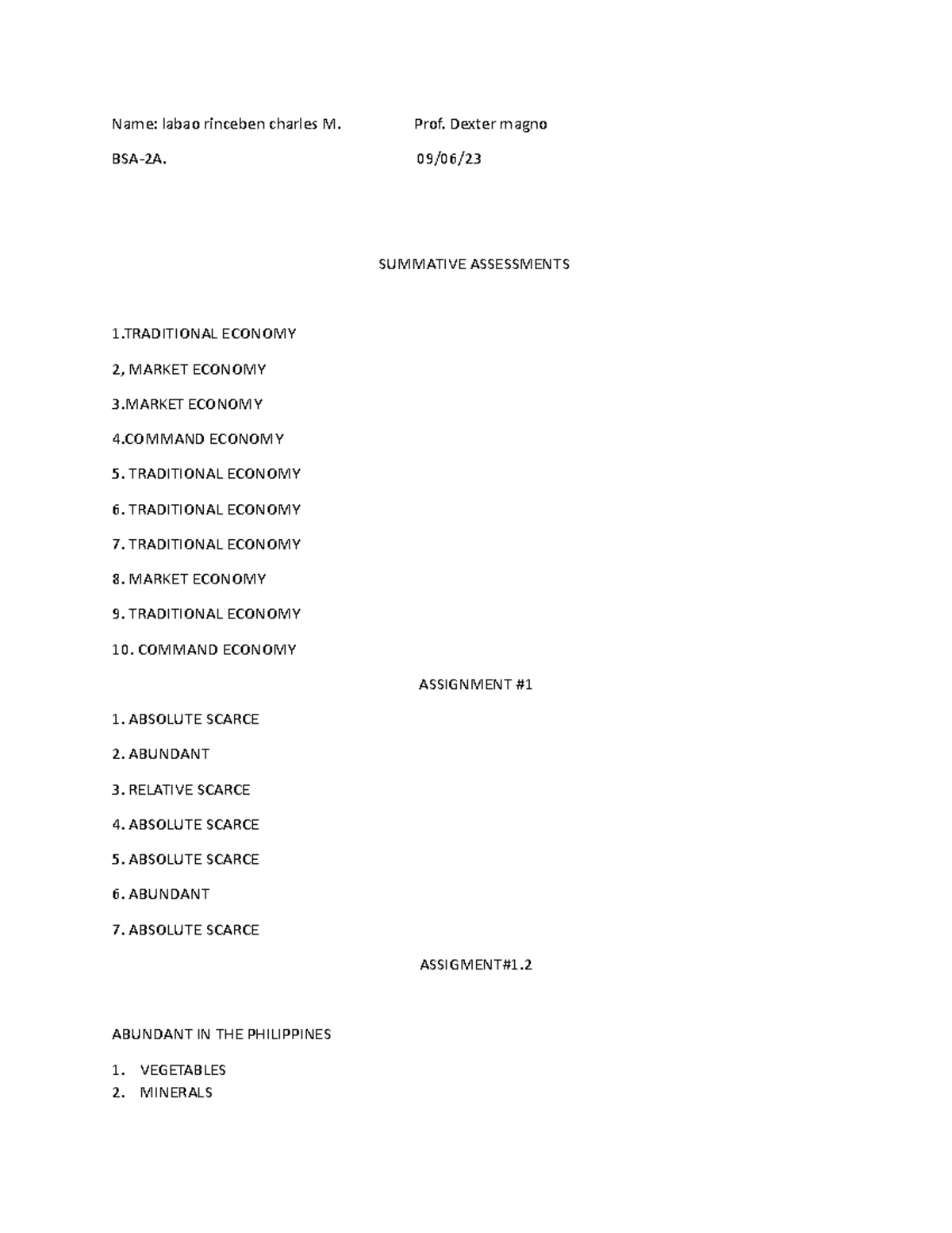 Manegerial Economics Lesson AND Activities - Name: labao rinceben ...