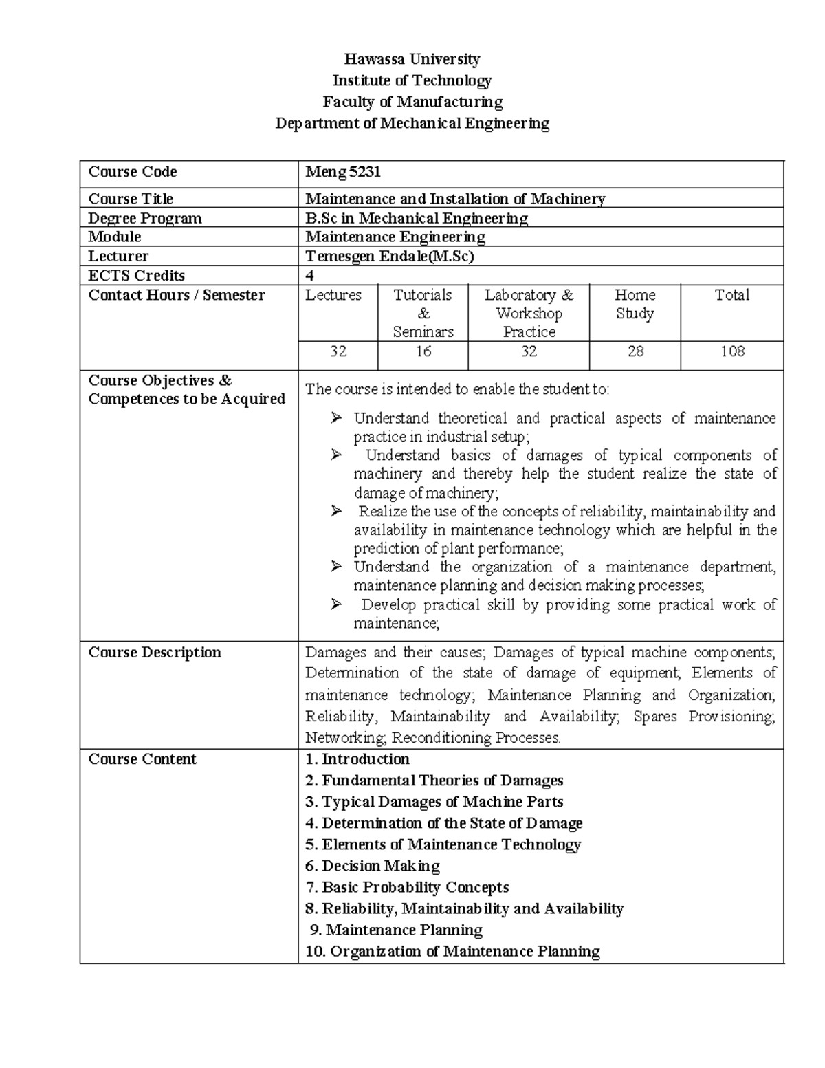 Course Outline 2023 docx - Hawassa University Institute of Technology ...