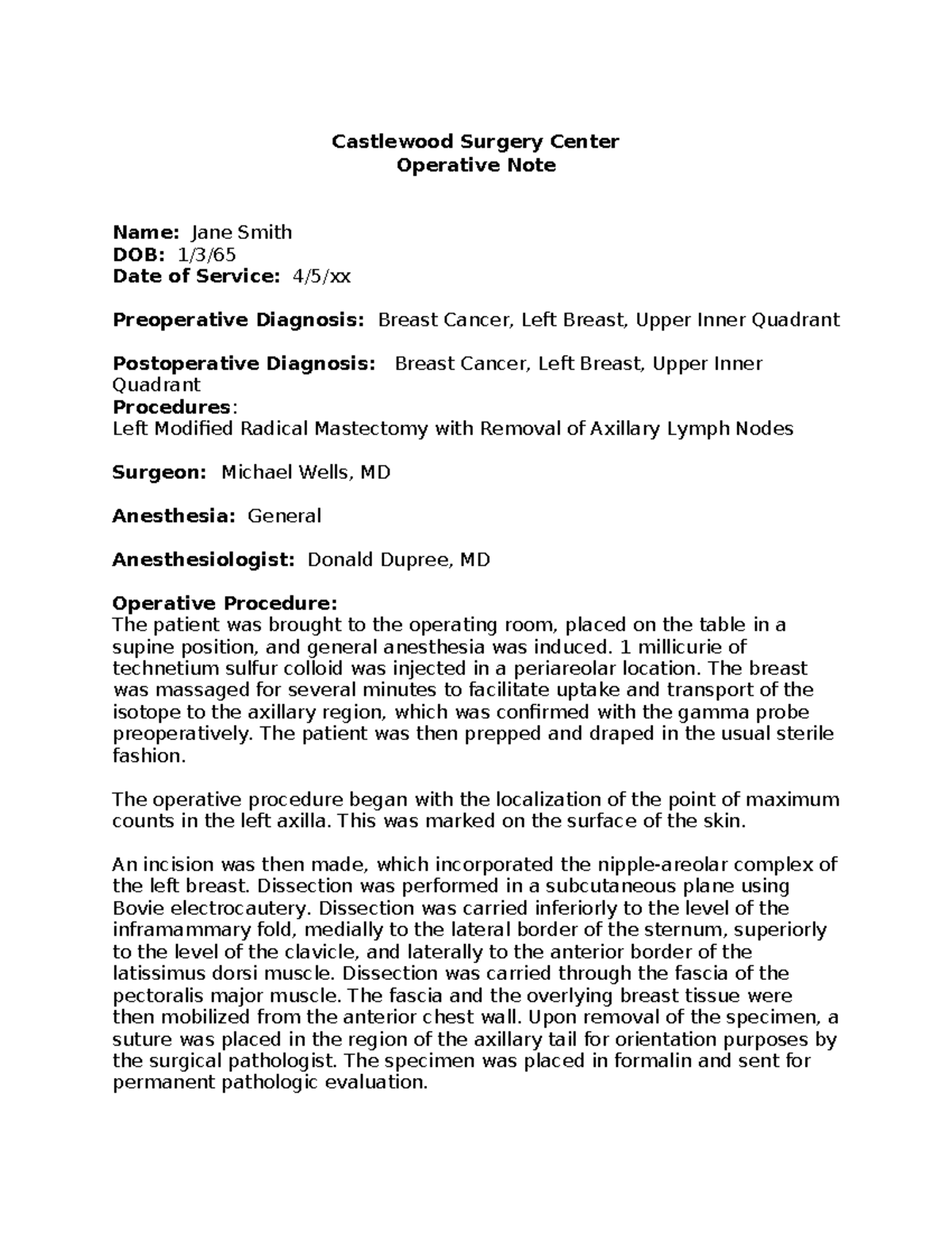 MCCG146 - Portfolio Project Operative Note - Castlewood Surgery Center ...