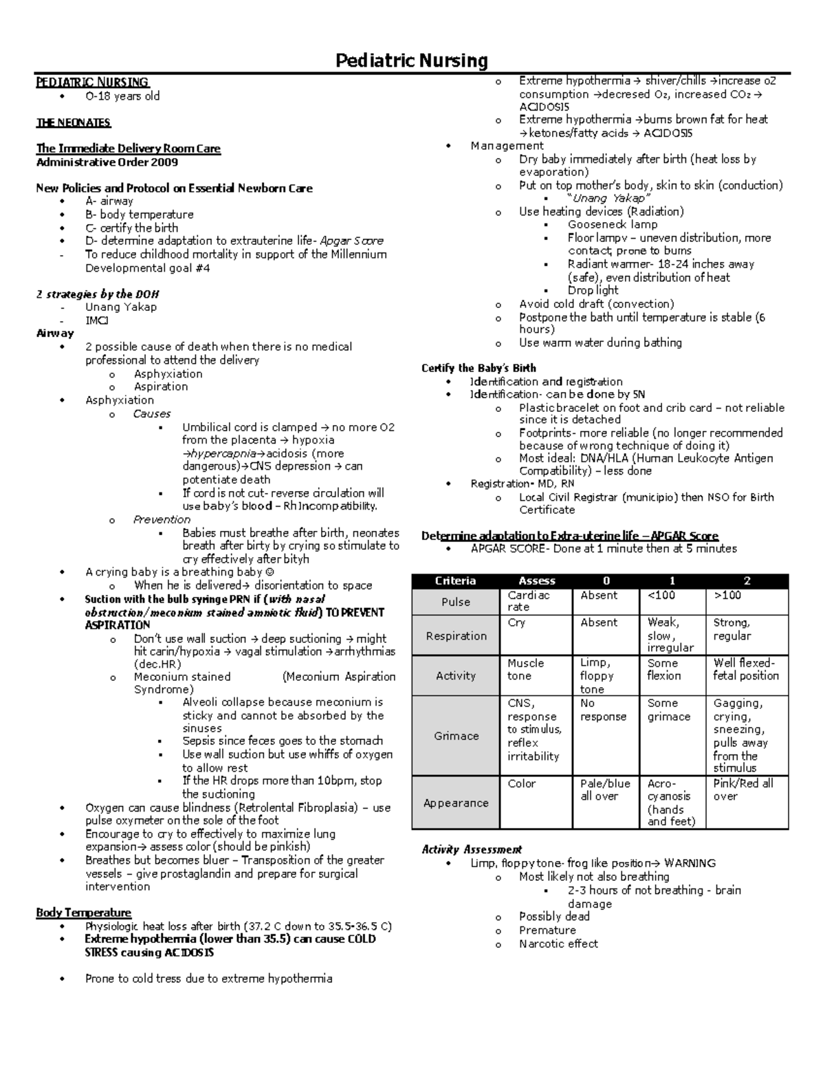 Pediatric Nursing Lecture Notes - PEDIATRIC NURSING O- 18 years old THE ...