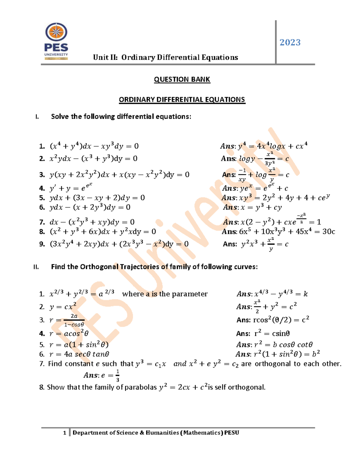 Unit 2 Qb - .... - Unit II: Ordinary Differential Equations 2023 1 ...