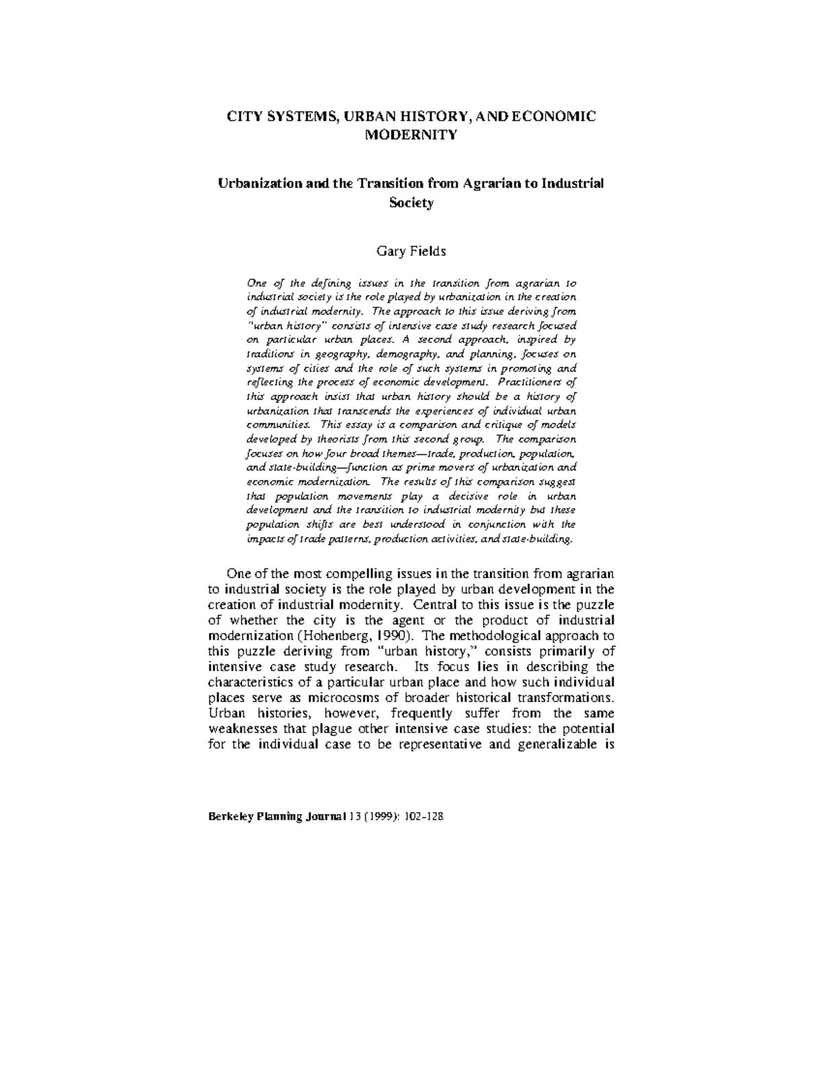 Gary Fields Urbanization and the Transition from Agrarian to Industrial ...