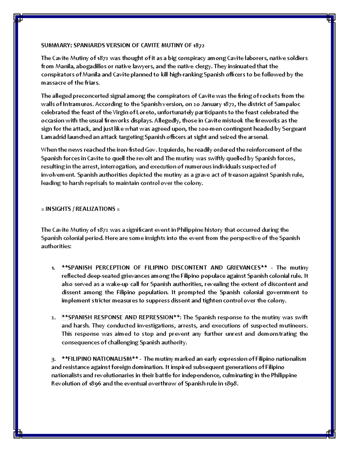Cavite Mutiny - Report RPH - SUMMARY: SPANIARDS VERSION OF CAVITE ...
