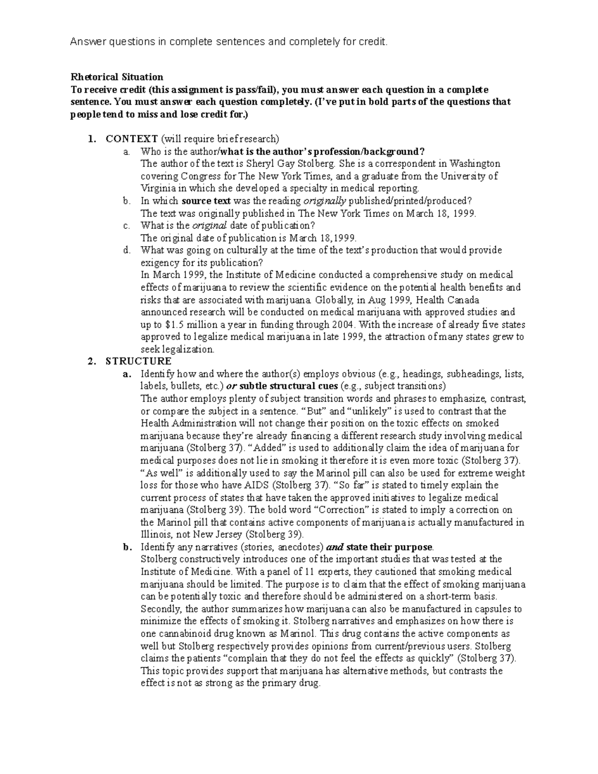 Rhetorical Reading Notes: - Answer questions in complete sentences and ...