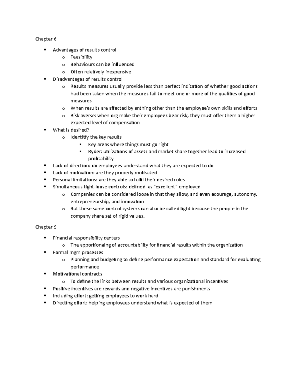 Study notes acc803 - Chapter 6 Advantages of results control o ...