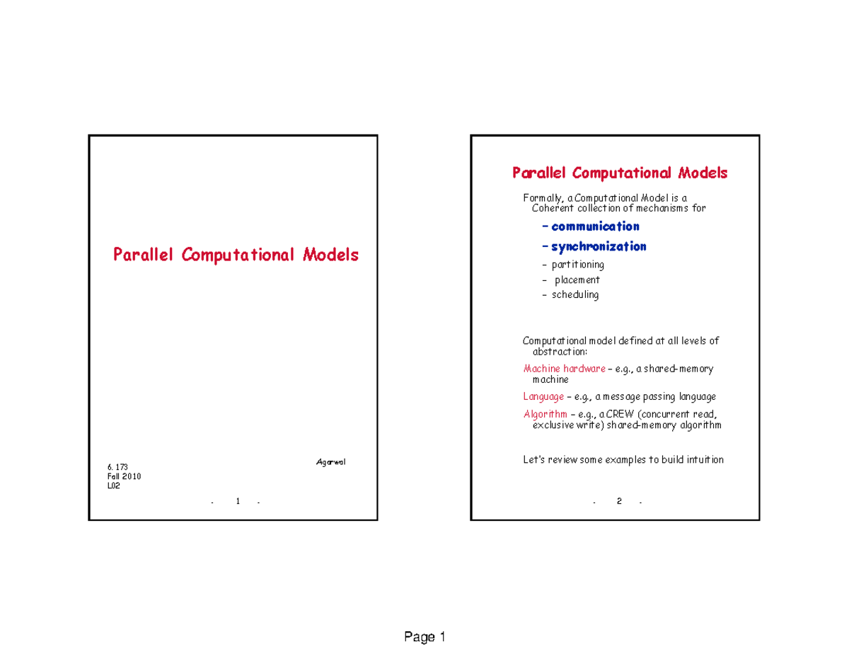 L02-computation-models - 1 - Parallel Computational Models 6. Fall 2010 L Agarwal - 2 - Parallel ...