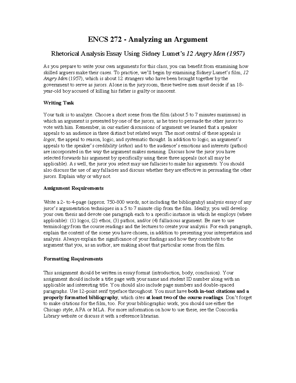 ENCS 272 Writing Assignment - ENCS 272 - Analyzing an Argument ...