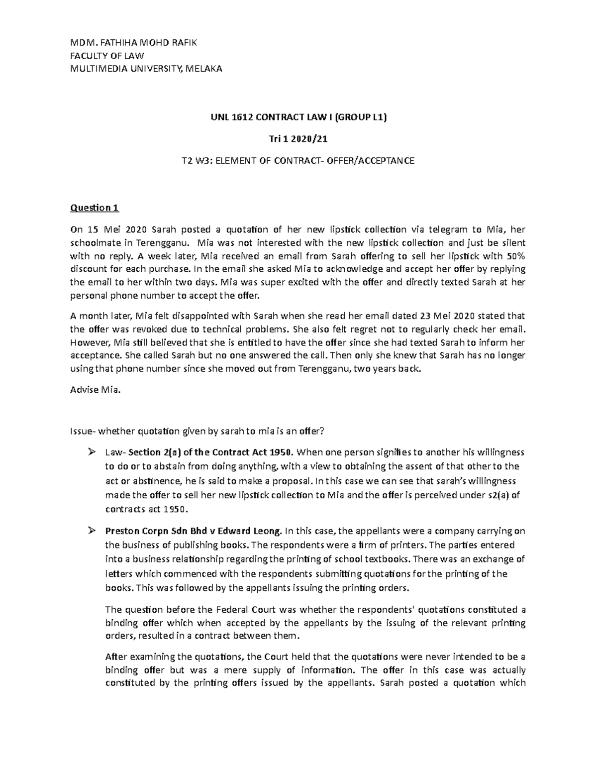 Tutorial 2 contract (2) - FACULTY OF LAW MULTIMEDIA UNIVERSITY, MELAKA UNL 1612 CONTRACT LAW I ...
