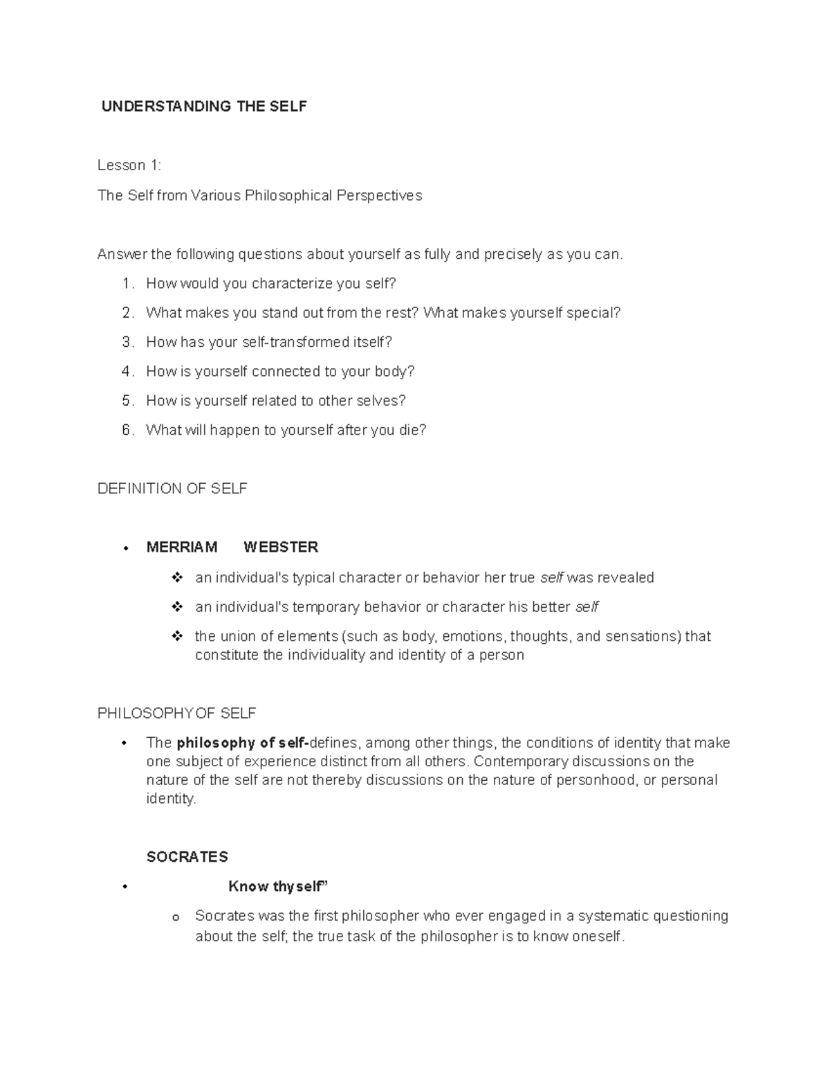 Understanding THE SELF - UNDERSTANDING THE SELF Lesson 1: The Self from ...