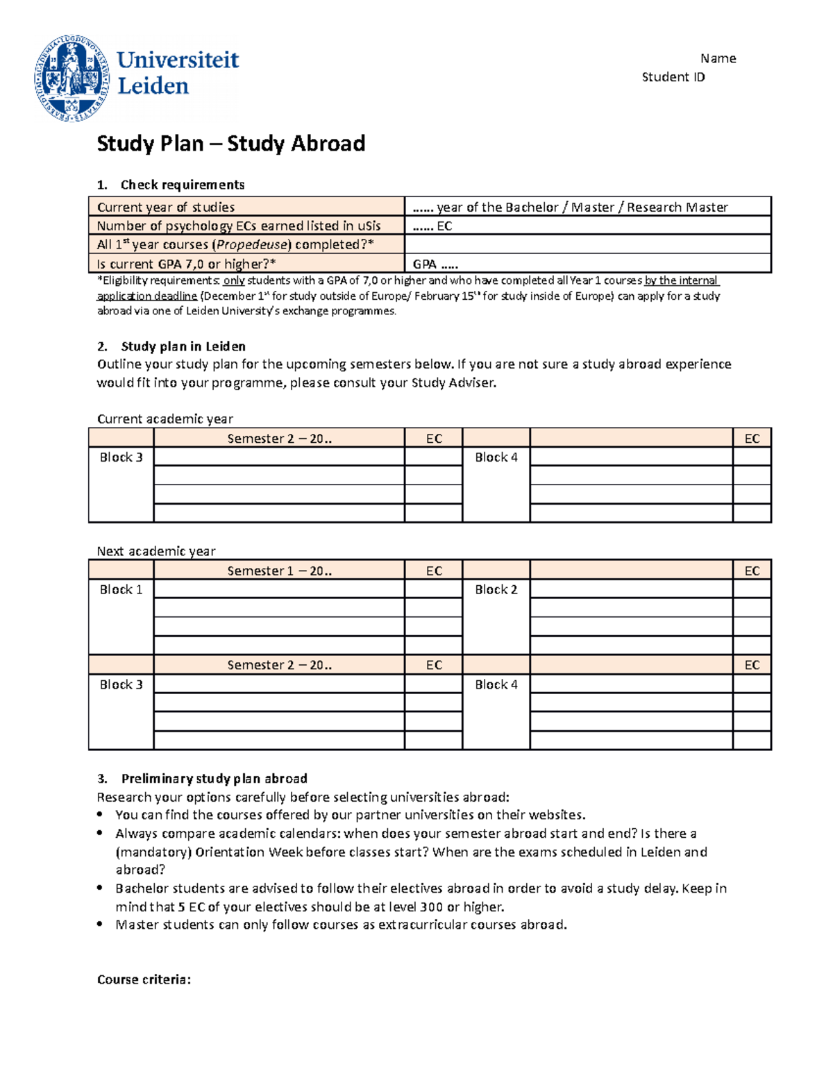 7 - college 3 - Name Student ID Study Plan – Study Abroad 1. Check ...
