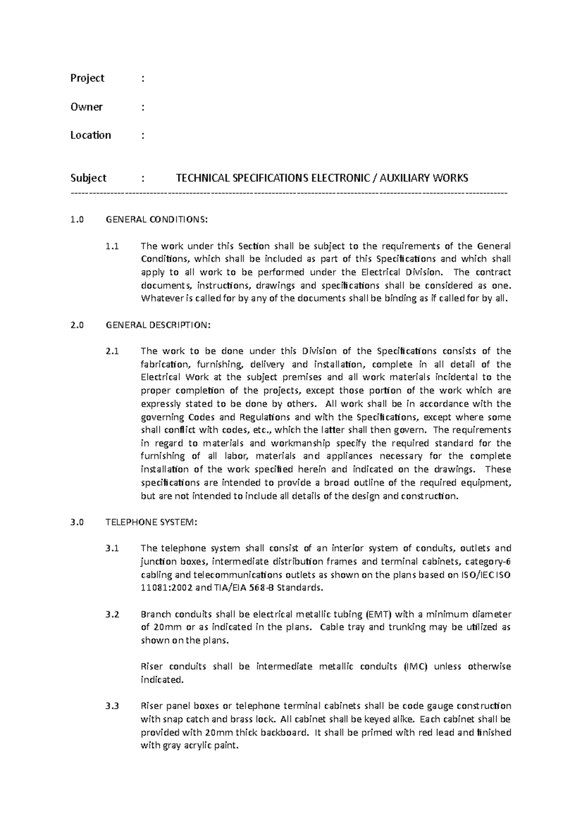 Specs FOR Electronics - Project : Owner : Location : Subject ...