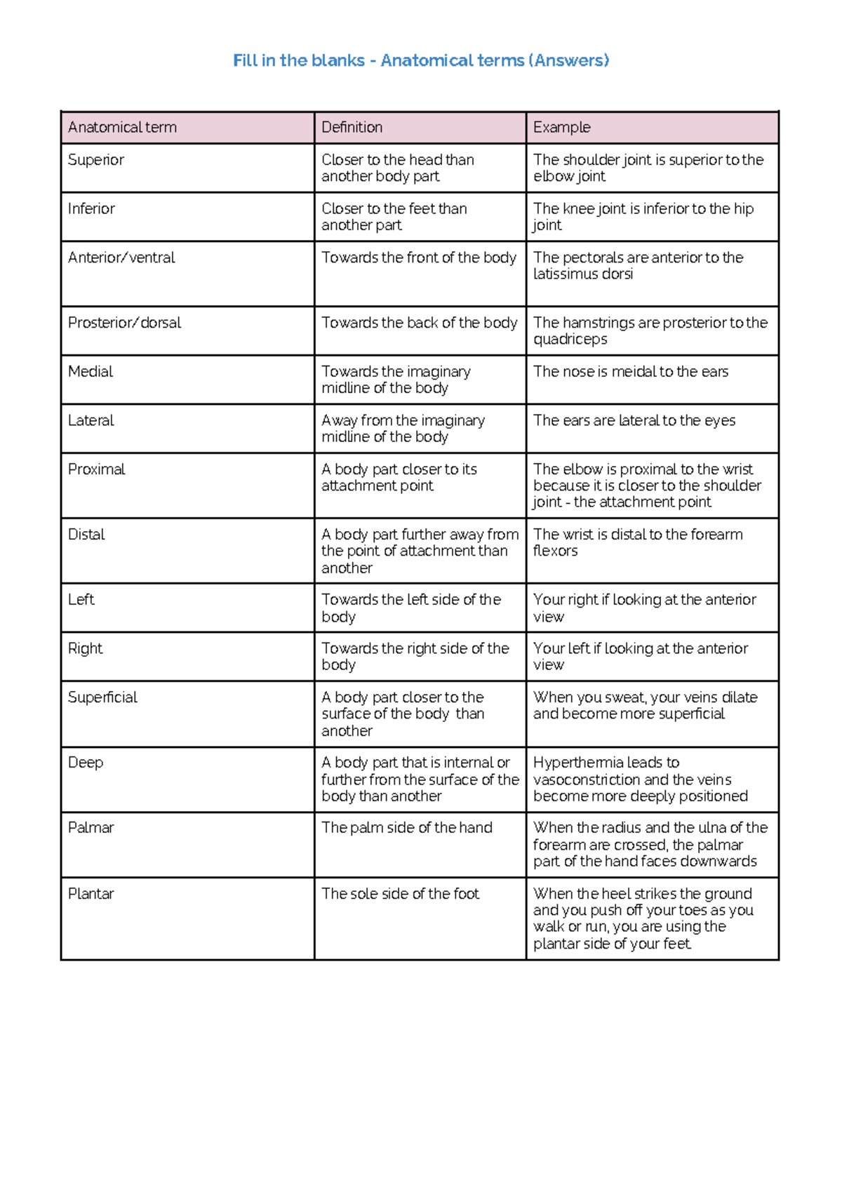 Anatomical terms - Notes - Fill in the blanks - Anatomical terms ...