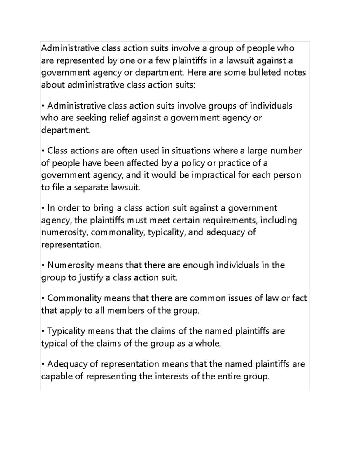 Class Actions - Notes - Administrative class action suits involve a ...