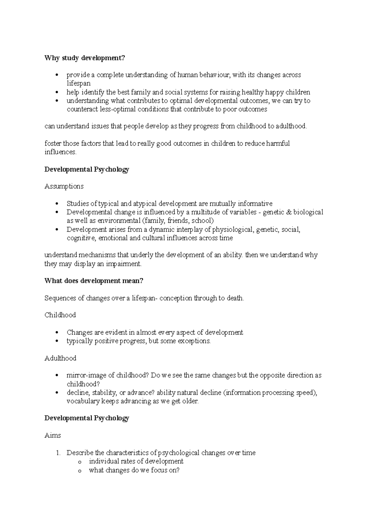 Psyc2213 Lecture 1 notes - Why study development? provide a complete ...