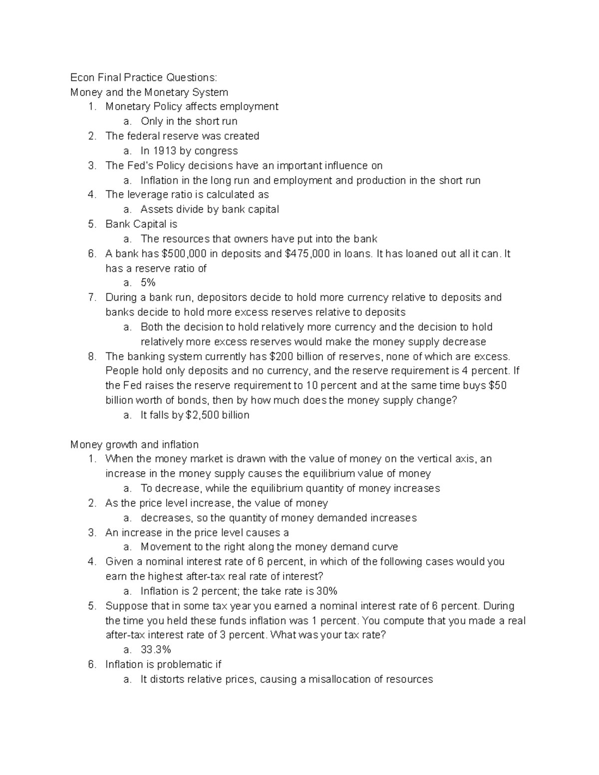 Econ 103 - Final practice questions - Econ Final Practice Questions: Money and the Monetary ...