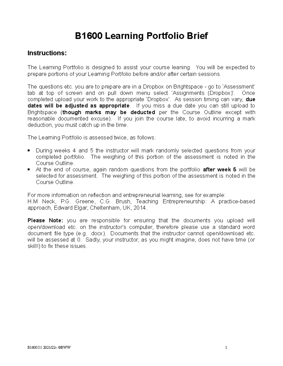 B1600 - Learning Portfolio Assessment Brief -S1-2021-22 - B1600 ...
