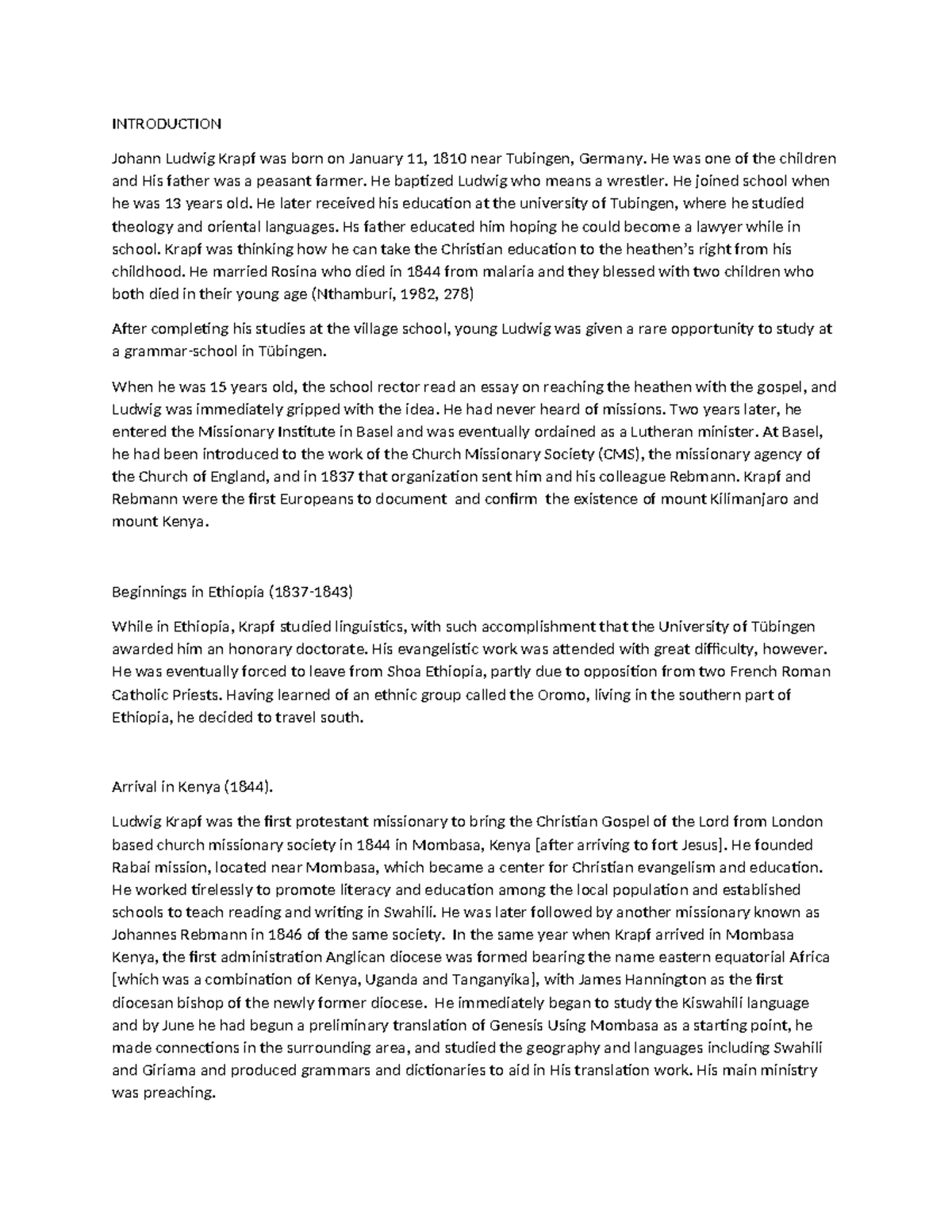 ARE 32O Assignment - INTRODUCTION Johann Ludwig Krapf was born on ...