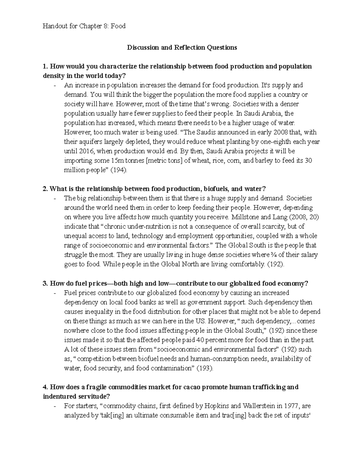 Discussion Reflection Qs for Chpt. 8 Food - Handout for Chapter 8: Food ...