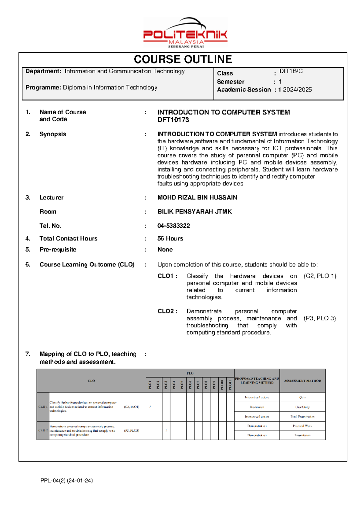 Course Outline ics - INTRODUCTION TO COMPUTER SYSTEM introduces ...