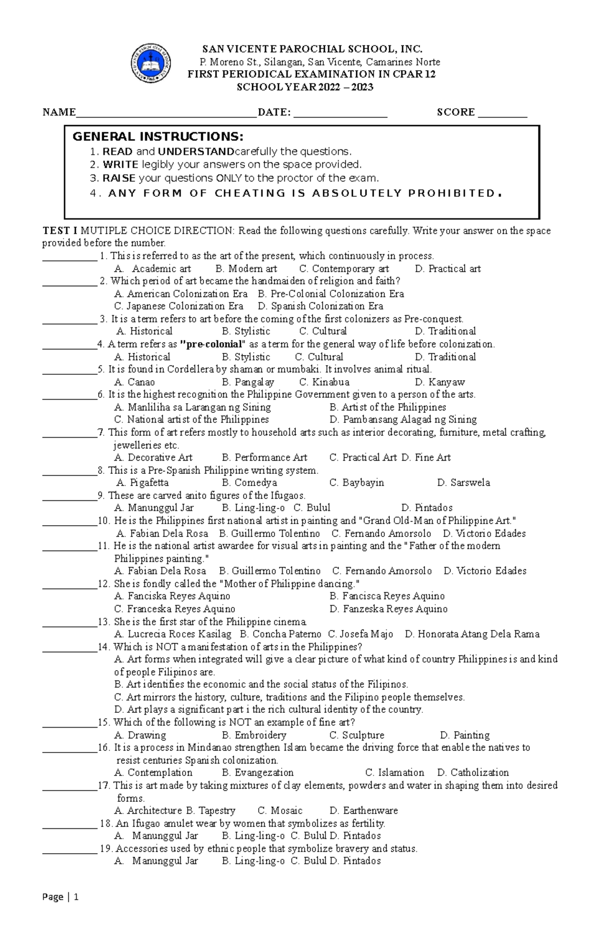 TEST Question CPAR - SAN VICENTE PAROCHIAL SCHOOL, INC. P. Moreno St ...