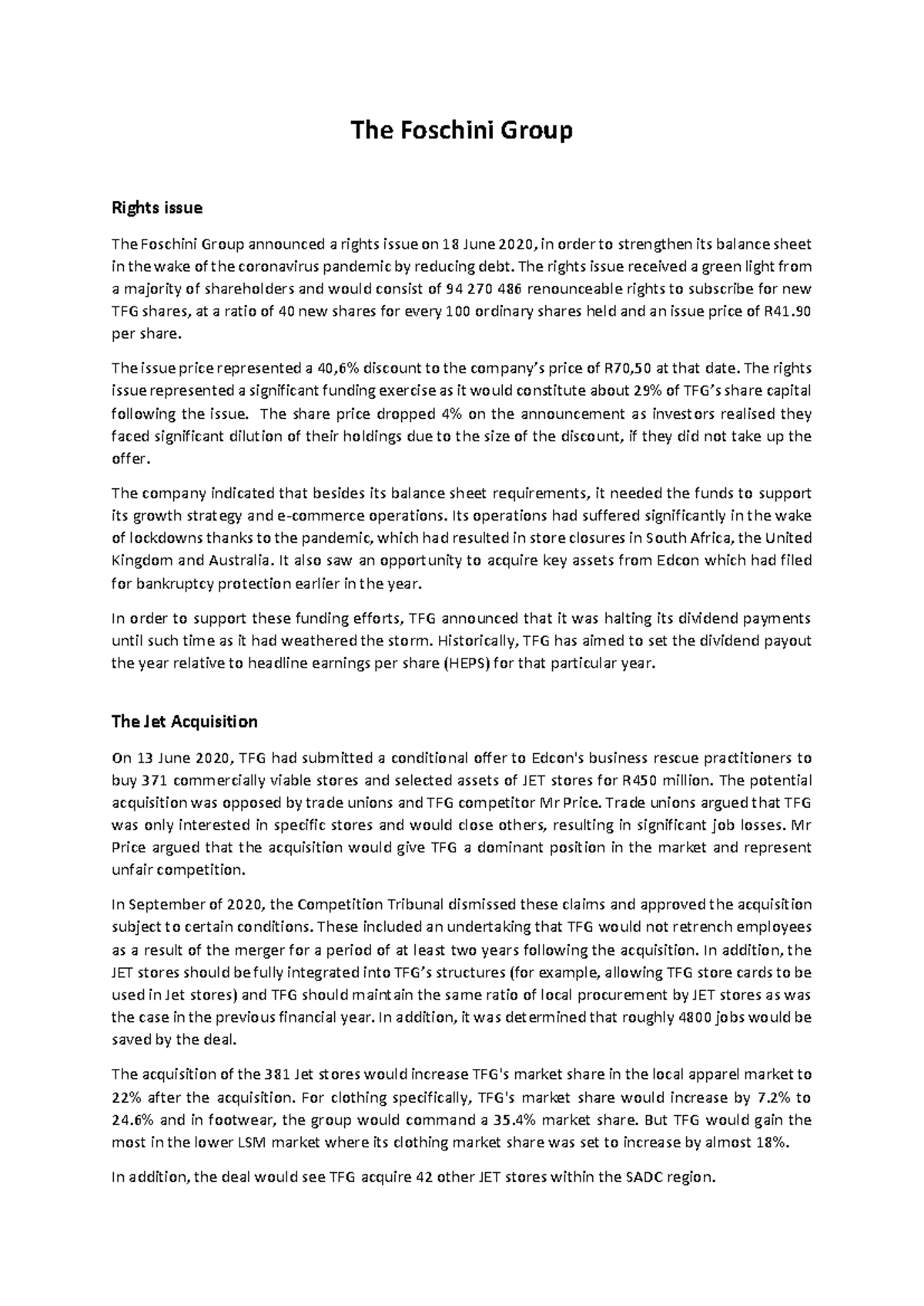FTX4057F Group Assignment 2024 - The Foschini Group Rights issue The ...