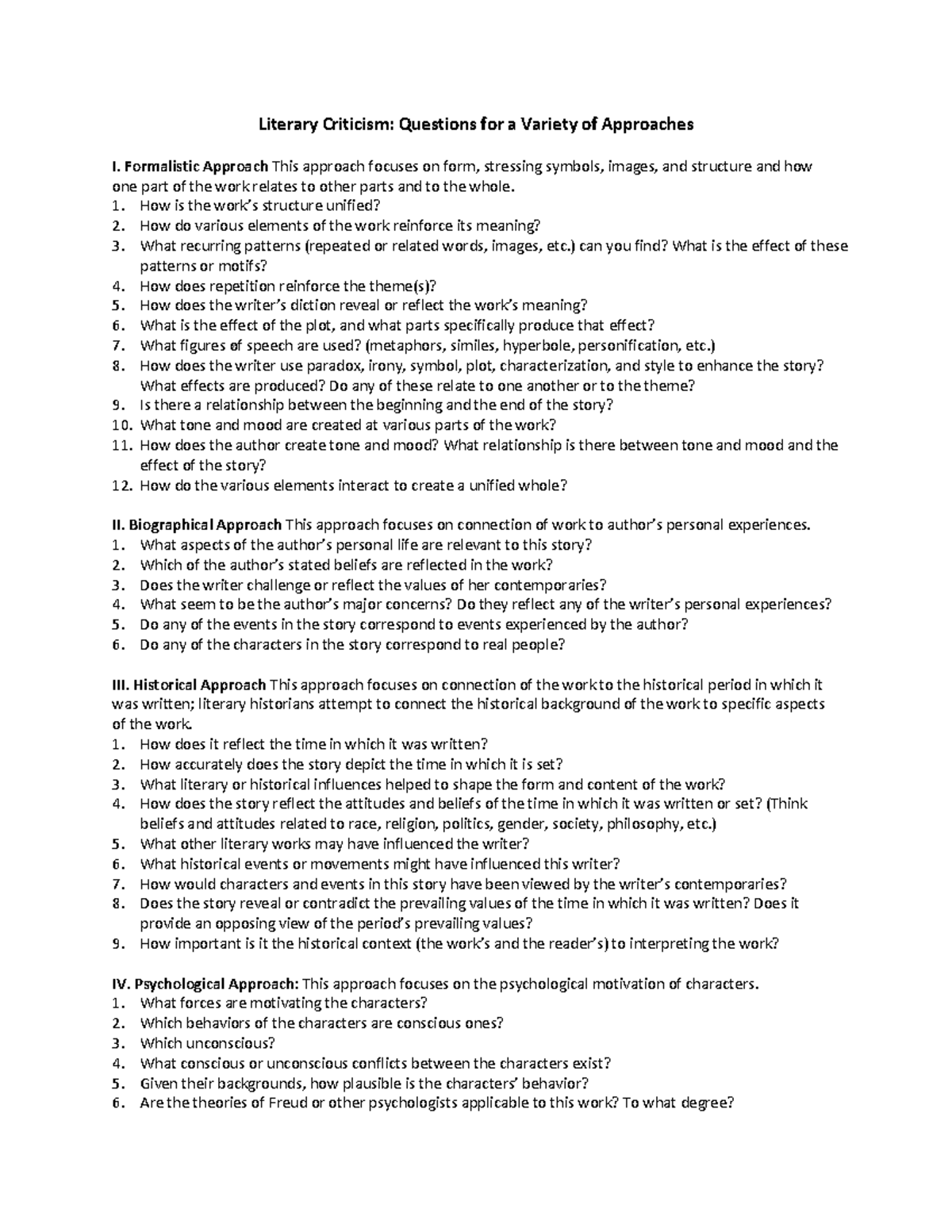 Literary Criticism Generic questions - Literary Criticism: Questions ...