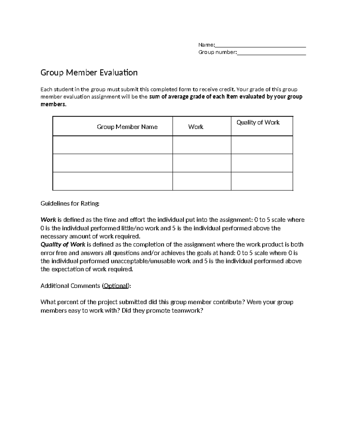 Group Member Evaluation - Name: Group number: Group Member Evaluation ...