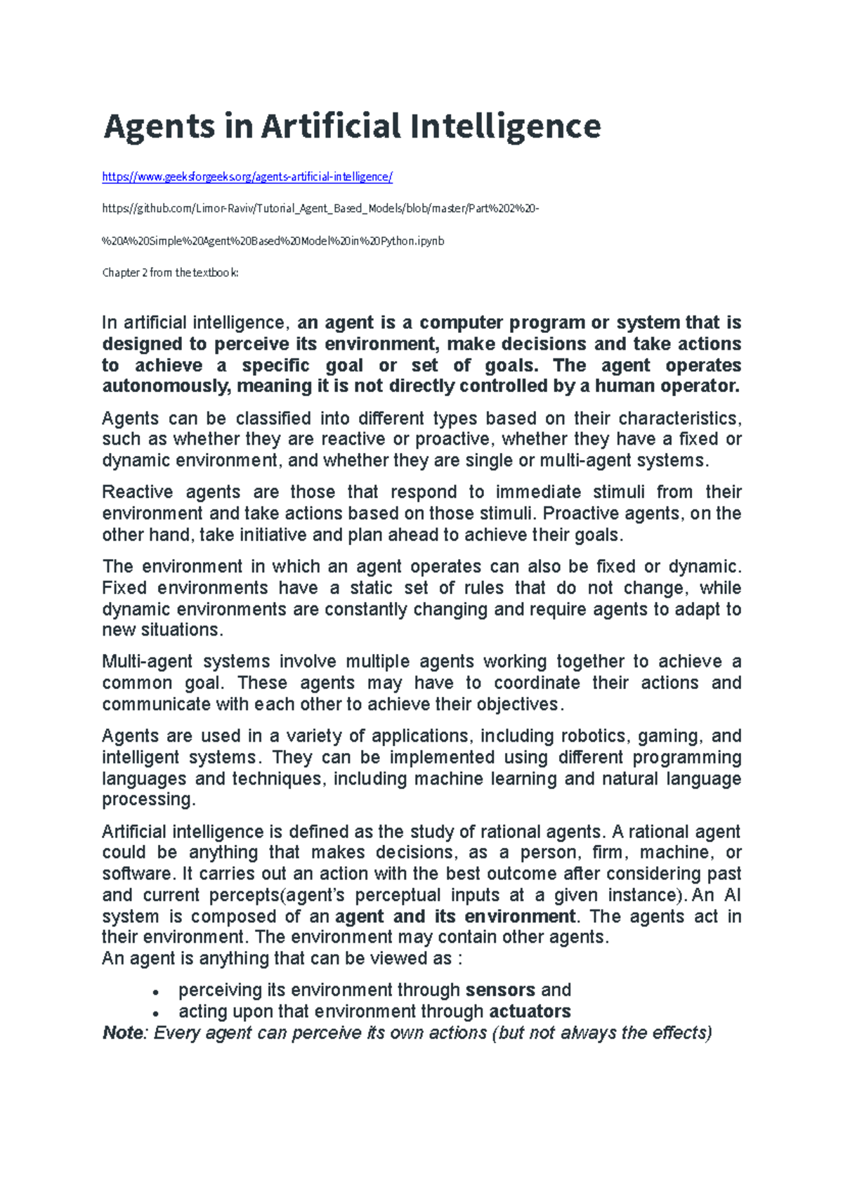 Agents in AI - Use it if u like - Agents in Artificial Intelligence - Studocu