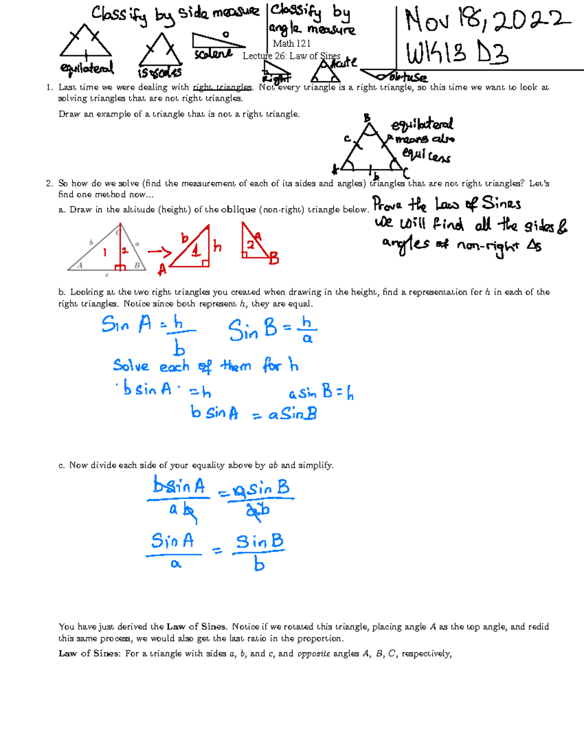 GLS 26 Lecture 26- Law Of Sines - Math 121 Lecture Sheet Day 27 Sect 8 ...