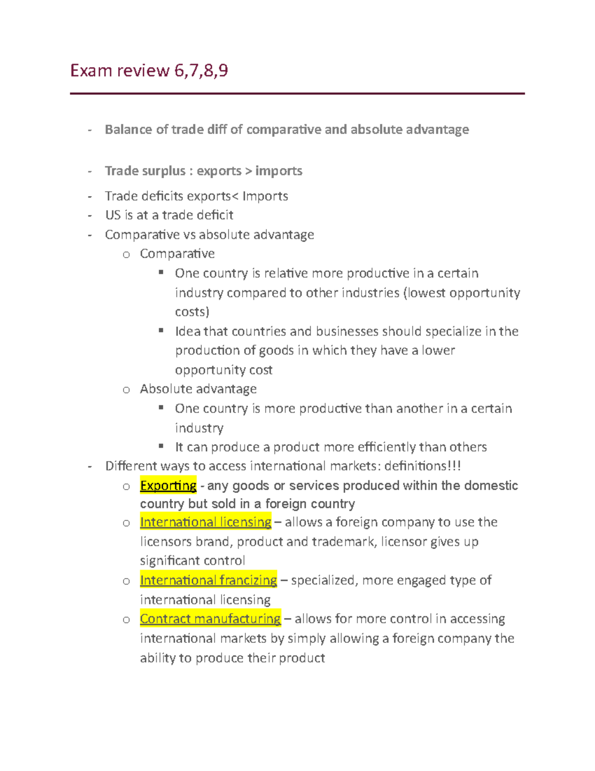 Exam notes review - Exam review 6,7,8, Balance of trade diff of ...