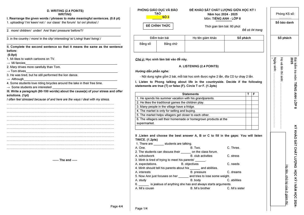 2. SỐ 3 easdasdasd - D. WRITING (2 POINTS) WRITING I. Rearrange the ...