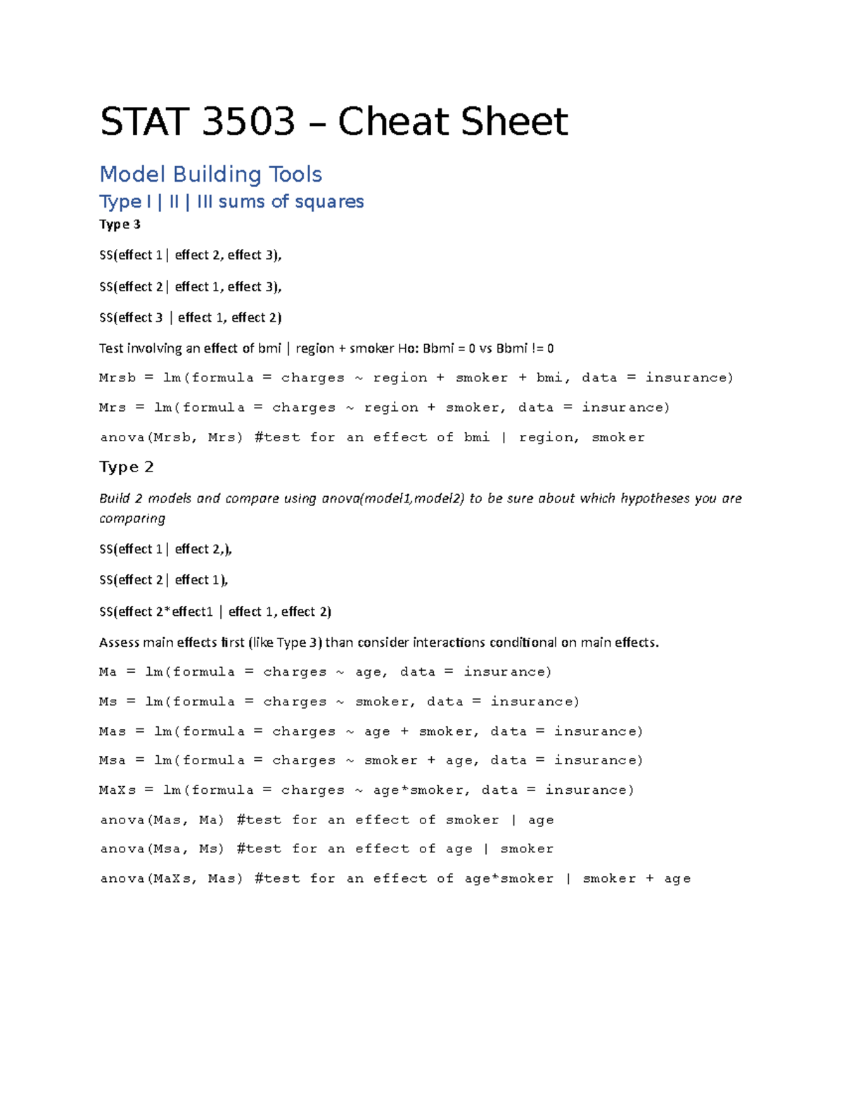 Cheat-sheet-stat3503 - STAT 3503 – Cheat Sheet Model Building Tools ...