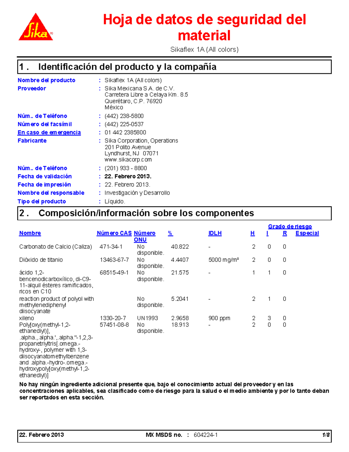 Co-hs sikaflex 1a-2 - HOJA DE DATOS - Hoja de datos de seguridad del ...