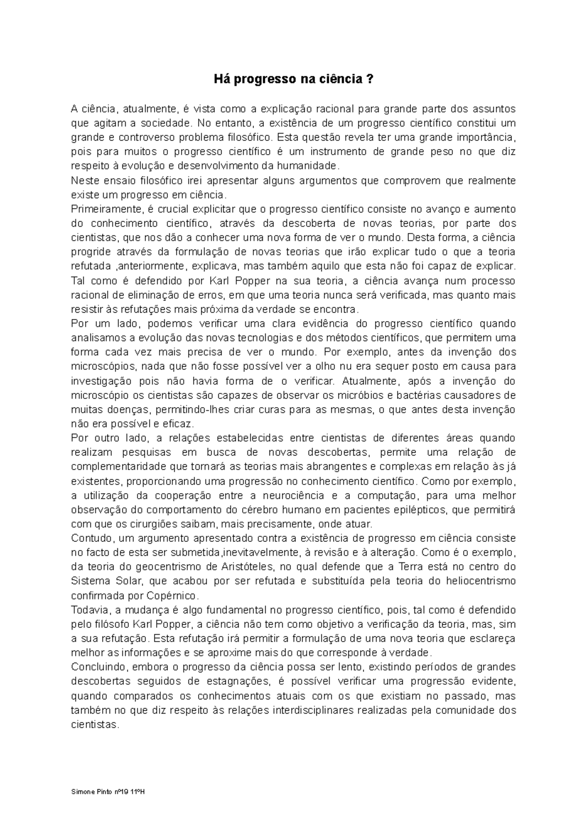 Ensaio Filosófico- Simone Pinto nº19 11ºH - Há progresso na ciência? A ...