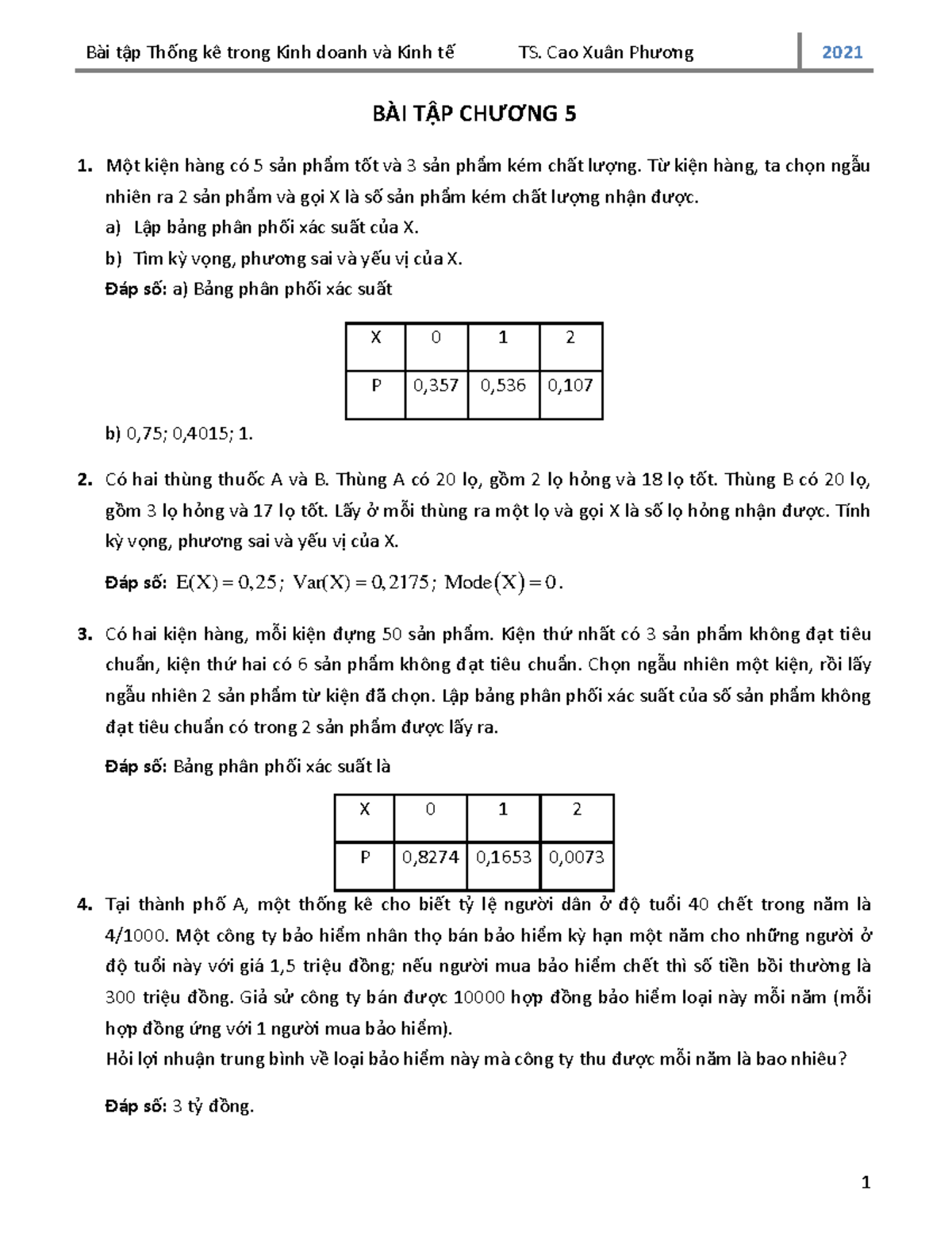 Bai Tap Chuong 5- Tkkdkt-C01136 - B¿I TẬP CHƯƠNG 5 Một kiện h‡ng cÛ 5 sản phẩm tốt v‡ 3 sản phẩm ...
