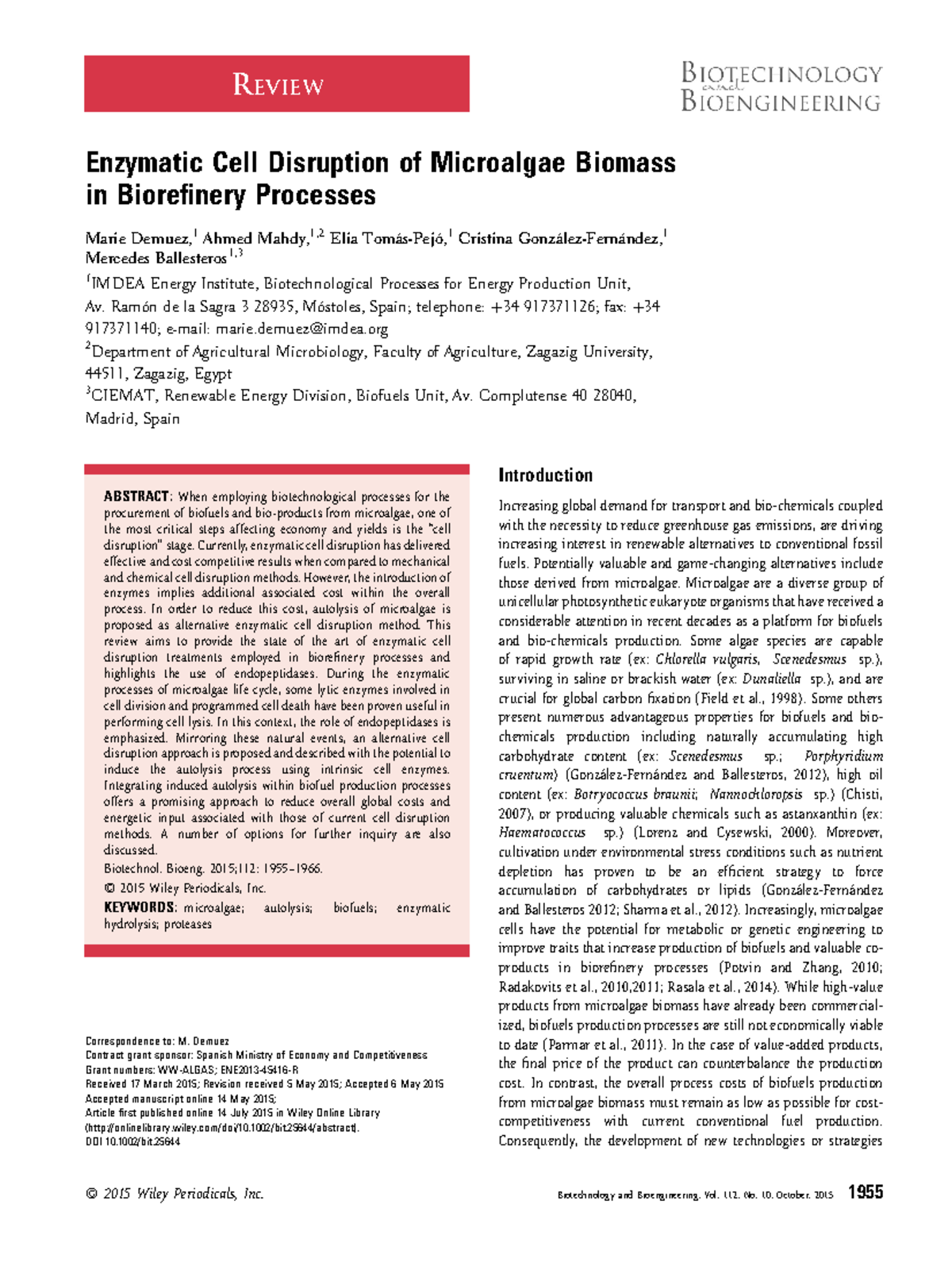 Demuez 2015 - research paper - Enzymatic Cell Disruption of Microalgae ...