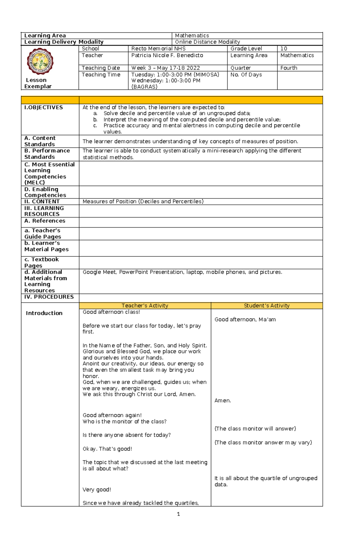 Measure of Position - Learning Area Mathematics Learning Delivery ...
