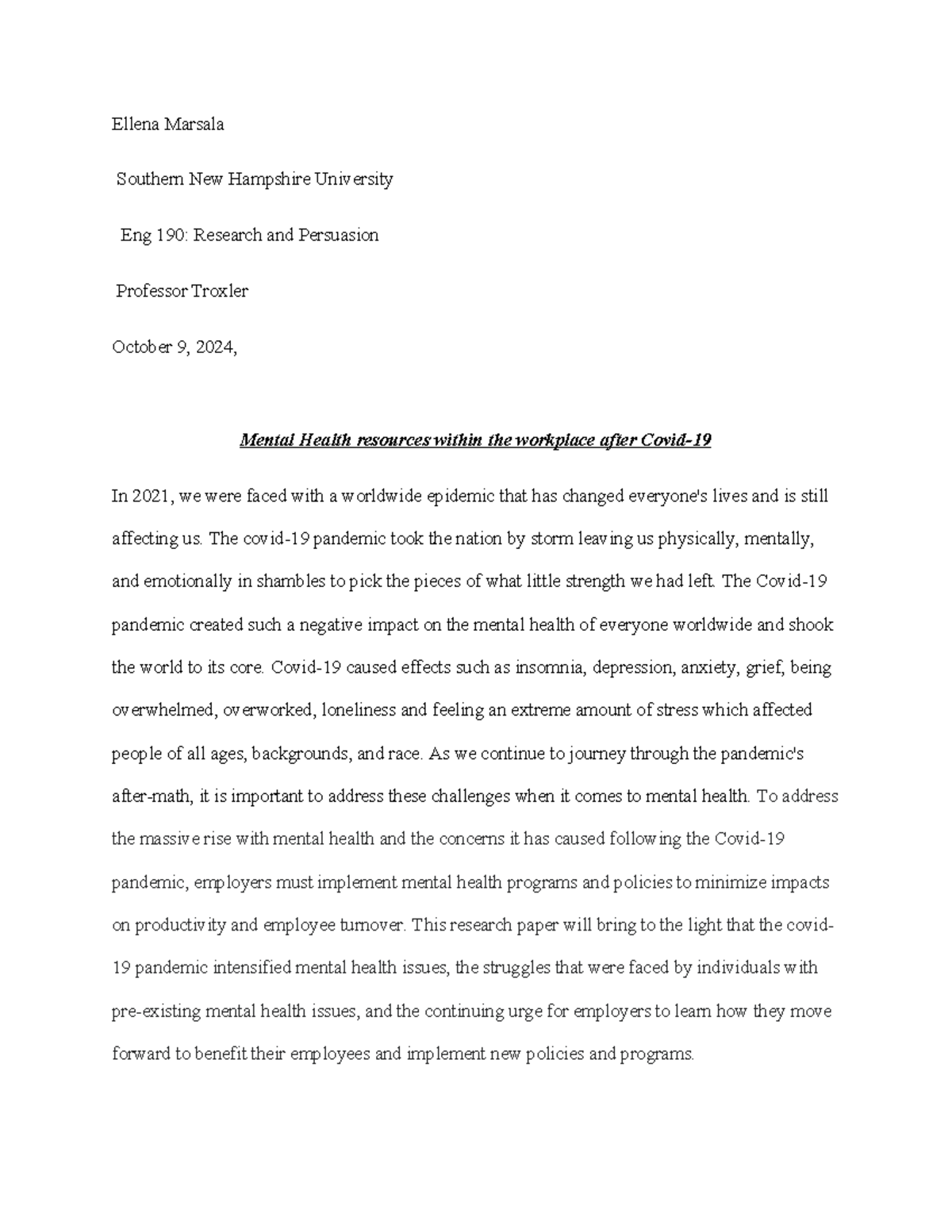 Eng 190 Project part draft - Ellena Marsala Southern New Hampshire ...