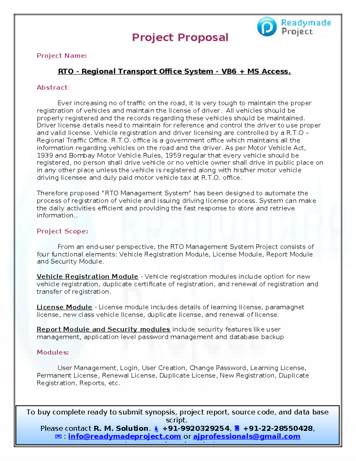 Rto project proposal - To buy complete ready to submit synopsis ...