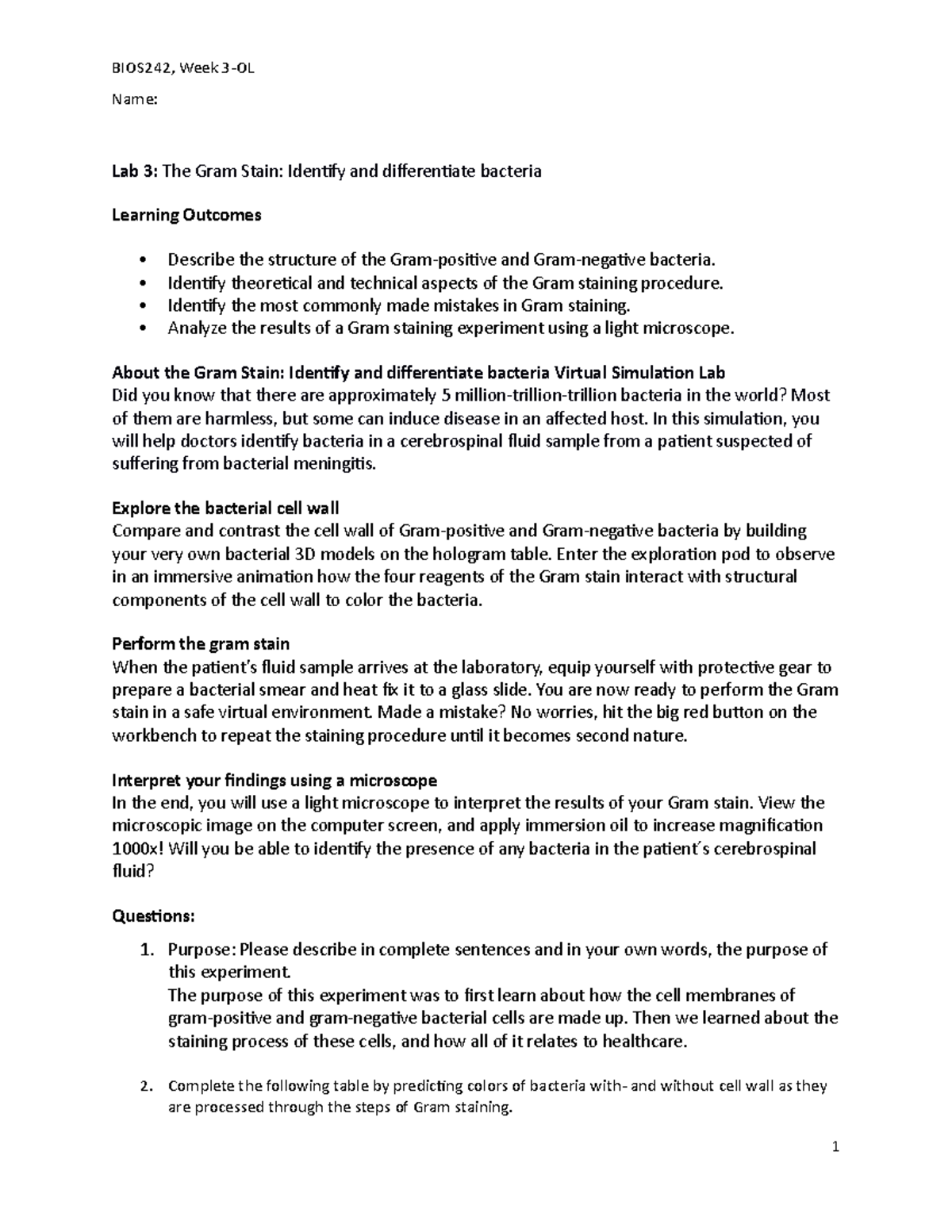 OL Gram staining week2lab - BIOS242, Week 3-OL Name: Lab 3: The Gram Stain: Identify and - Studocu