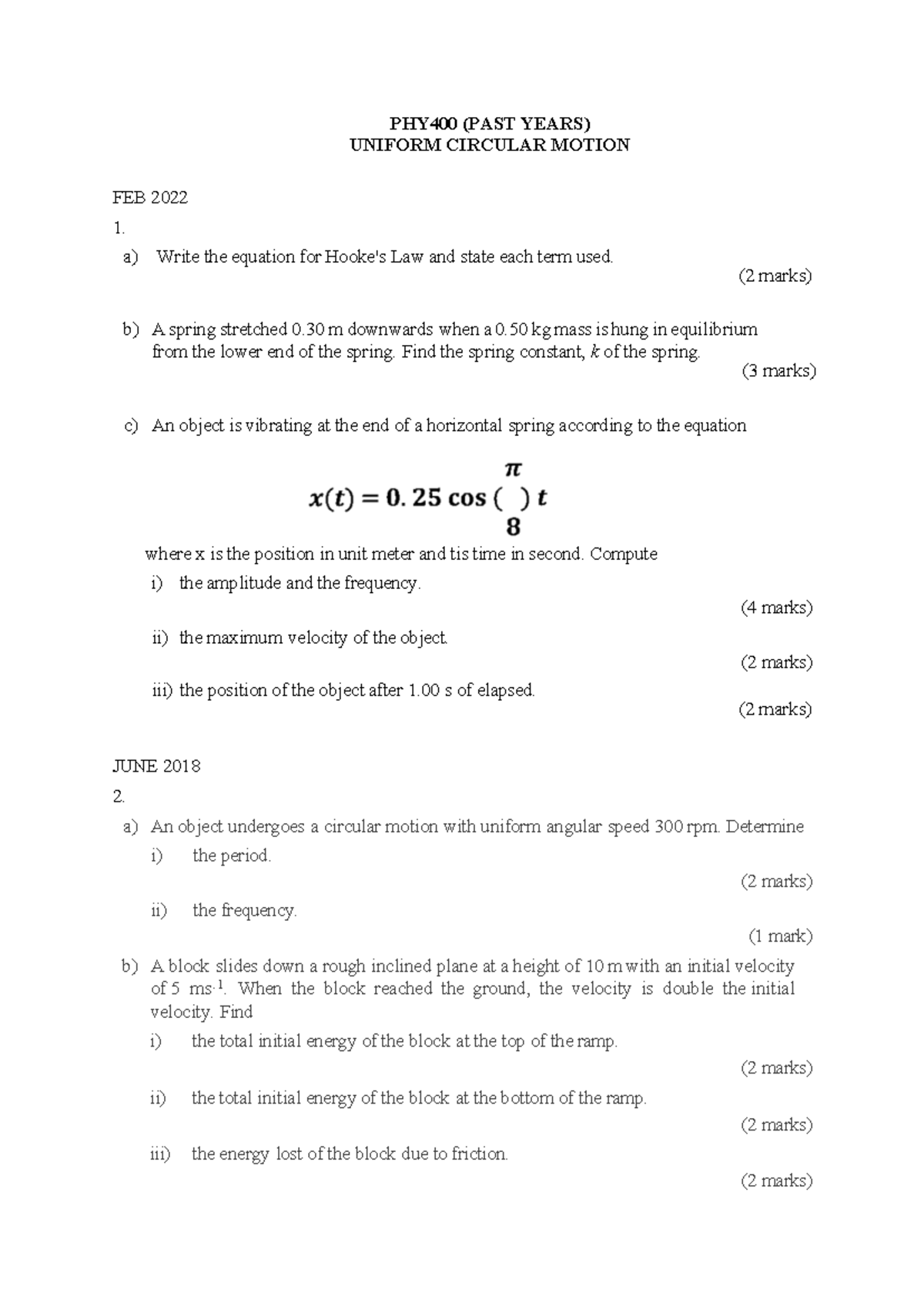 Past Years PHY400 Uniform Circular Motion - PHY400 (PAST YEARS) UNIFORM CIRCULAR MOTION FEB 2022 ...