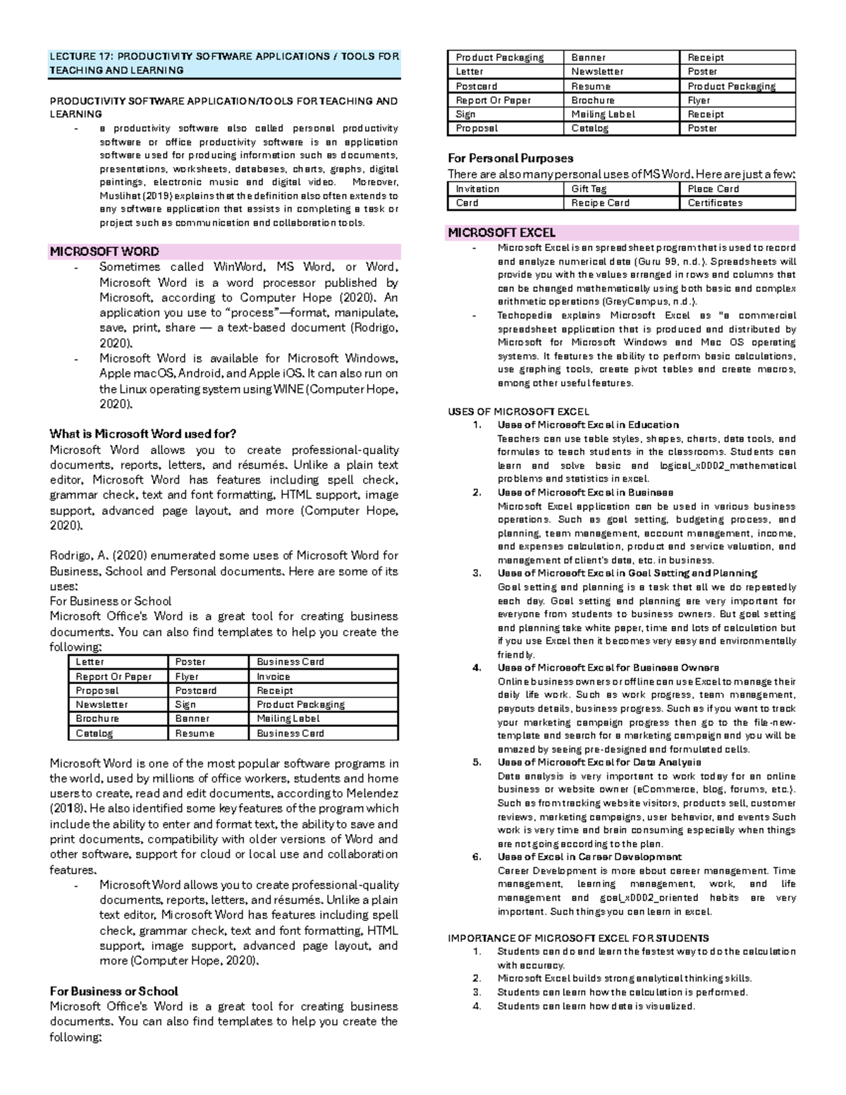 TTL 2 - Report 6 - Lecture 17 - LECTURE 17: PRODUCTIVITY SOFTWARE ...
